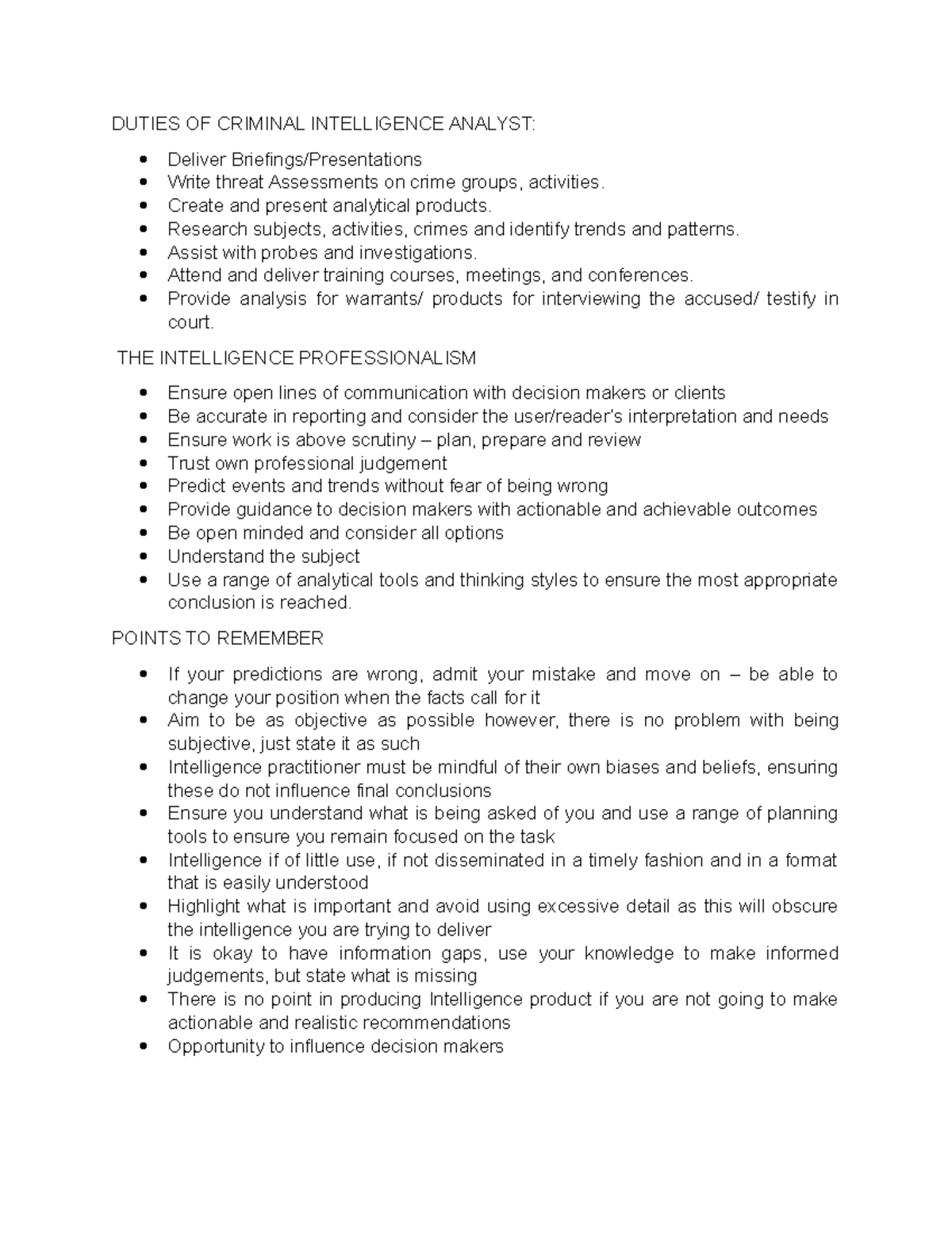 Lesson 9 - Intelligence Professionalism - DUTIES OF CRIMINAL ...