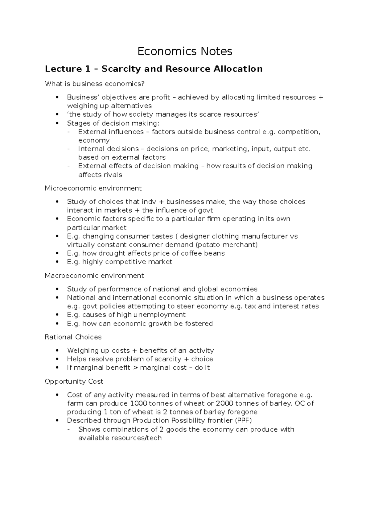Economics Notes - Economics Notes Lecture 1 – Scarcity and Resource ...