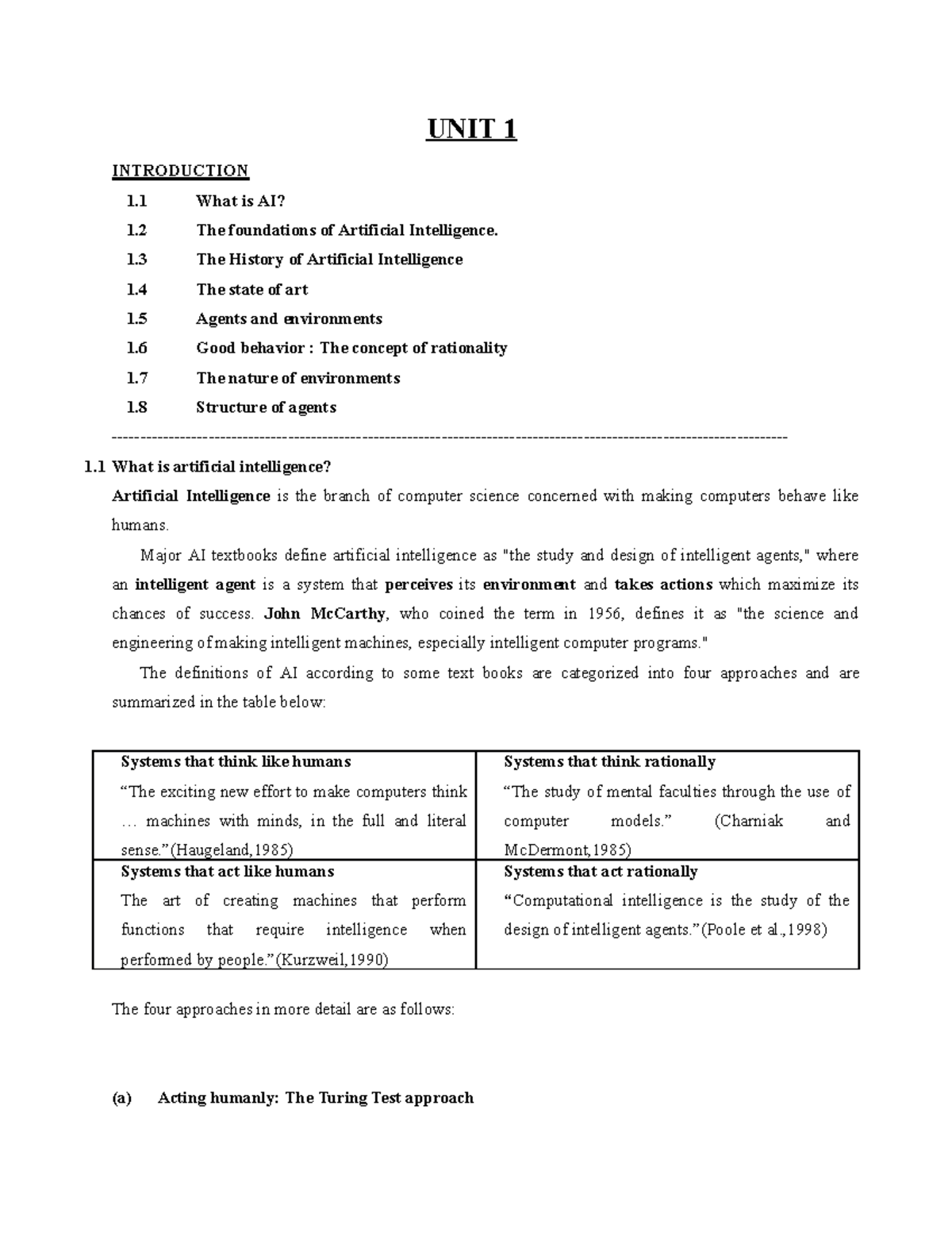 AI UNIT wise material I - UNIT 1 INTRODUCTION 1 What is AI? 1 The ...
