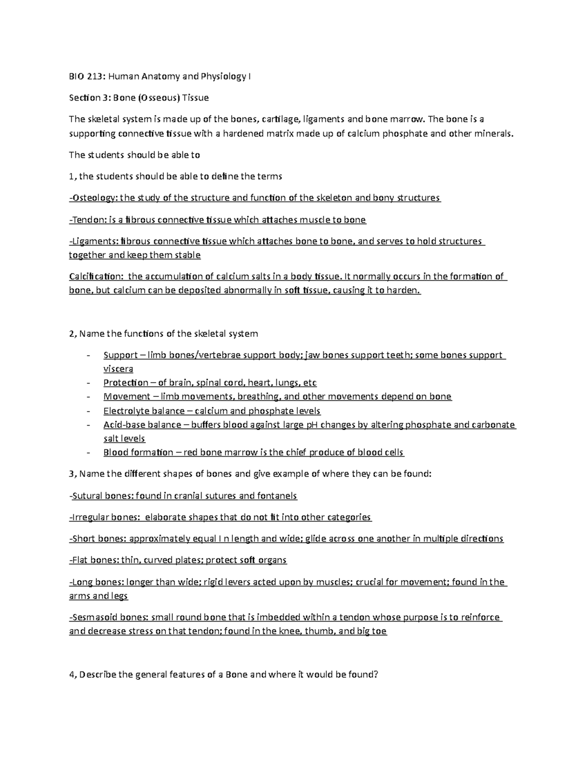 Bone study guide for exam - BIO 213: Human Anatomy and Physiology I ...