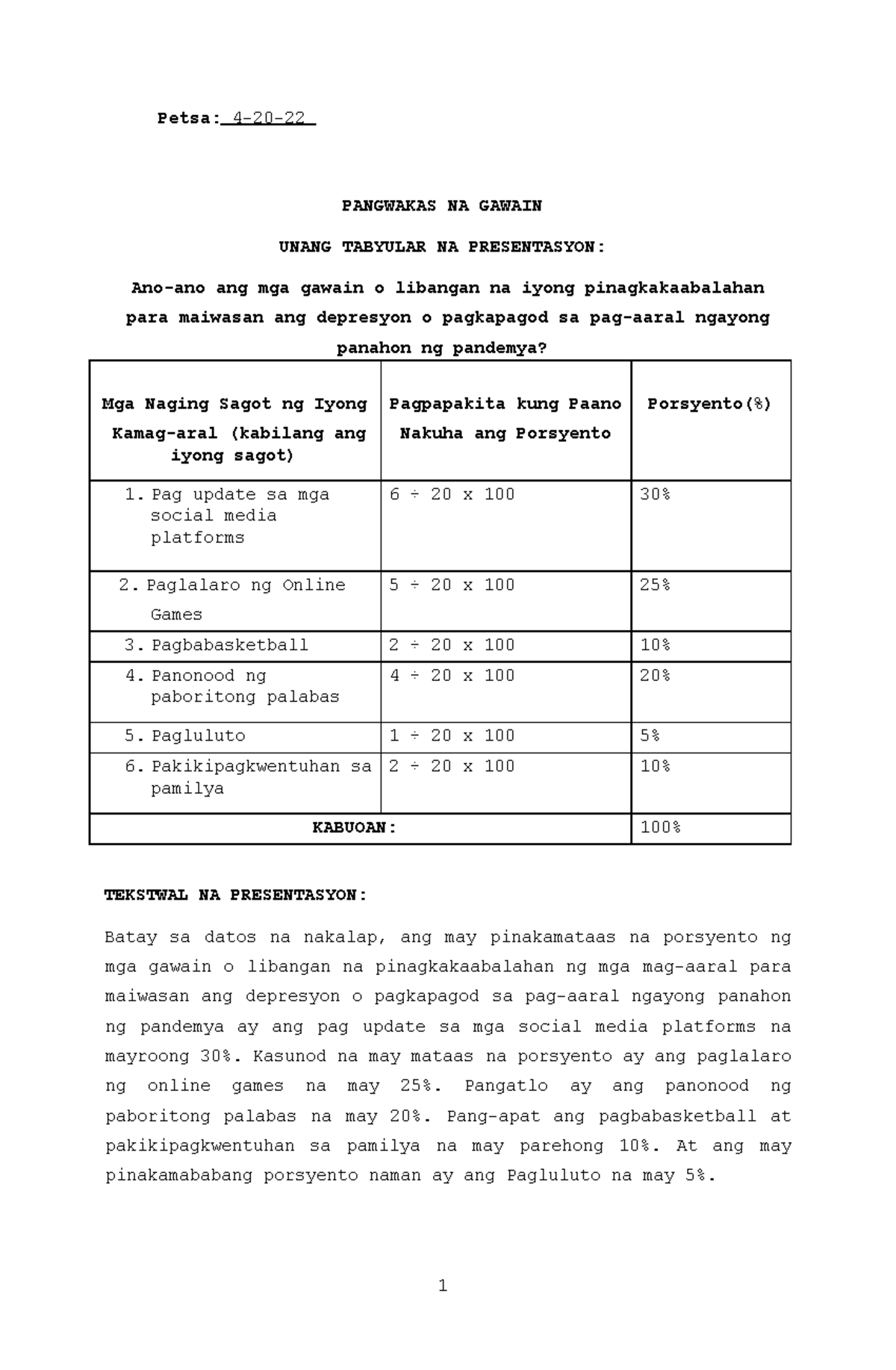 Fildis Pangwakas na Gawain - Pananaliksik - Petsa: 4-20- PANGWAKAS NA ...