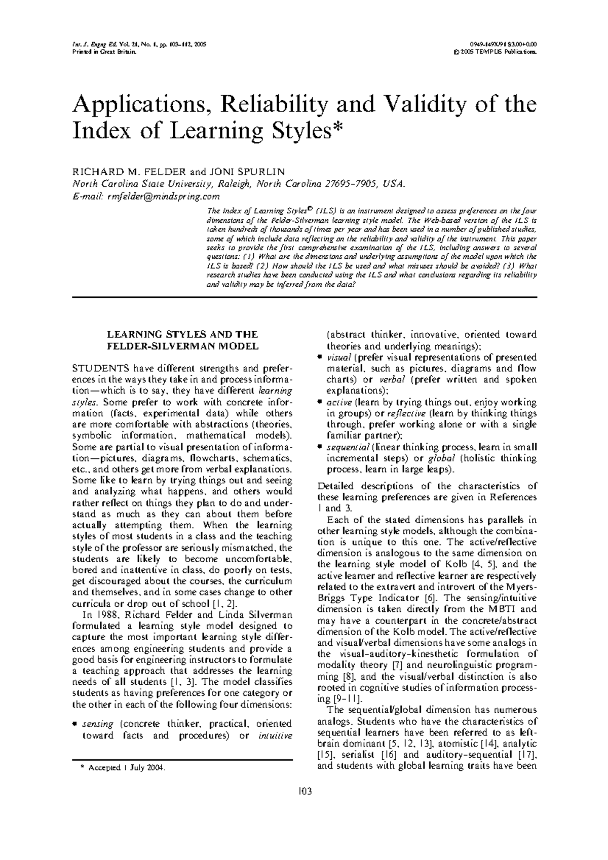 2005-ILS Validation(IJEE) - Applications, Reliability and Validity of ...
