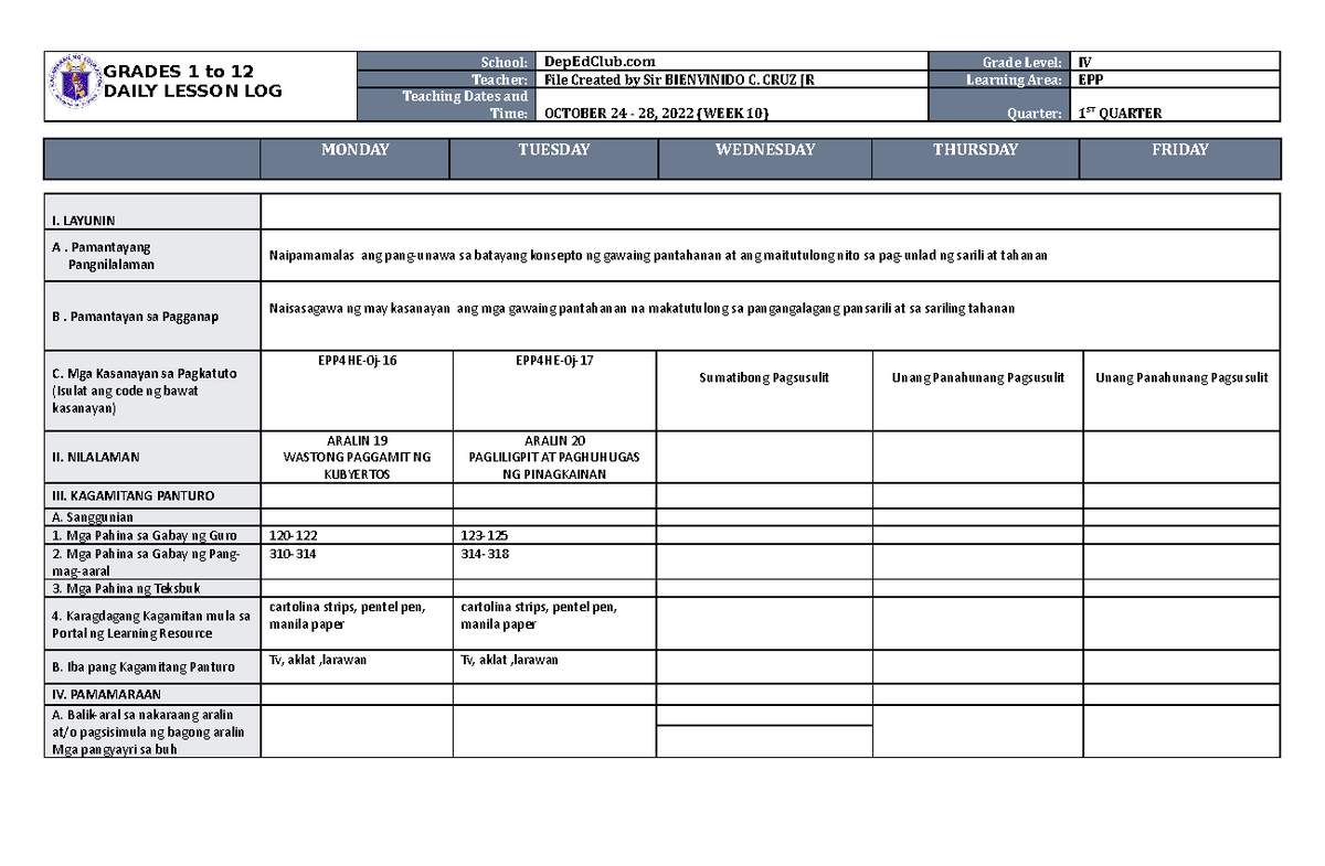 DLL EPP 4 Q1 W10 - Daily Lesson Plan - GRADES 1 to 12 DAILY LESSON LOG ...