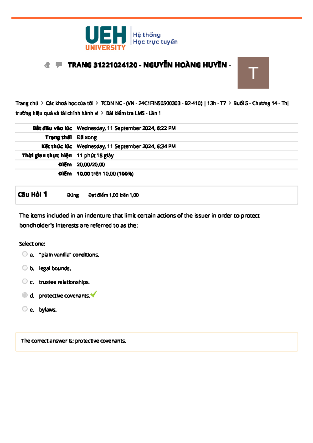 Bài kiểm tra LMS - Lần 1 Xem lại bài làm - Bắt đầu vào lúc Wednesday ...