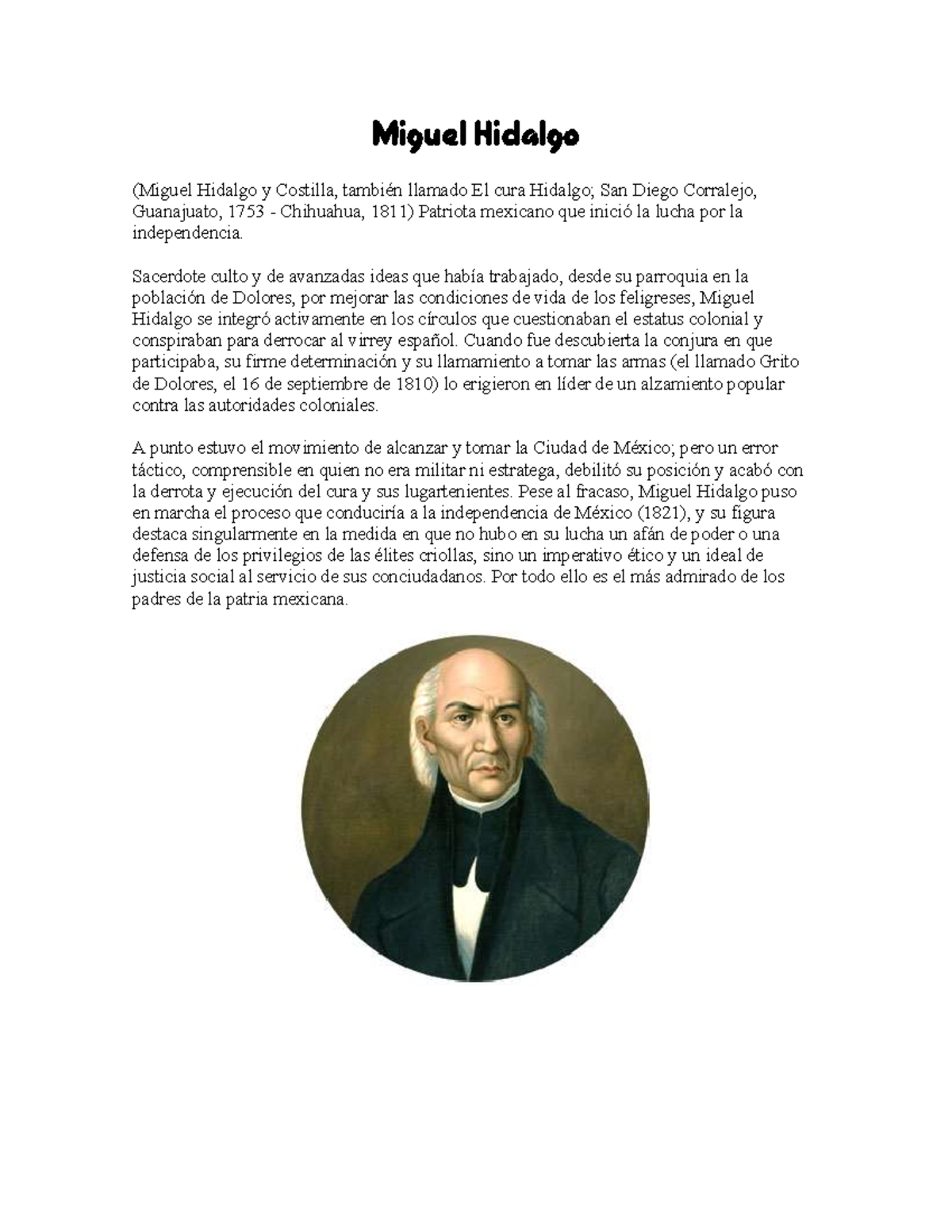 Actividad 6 historia de mexico - Miguel Hidalgo (Miguel Hidalgo y ...