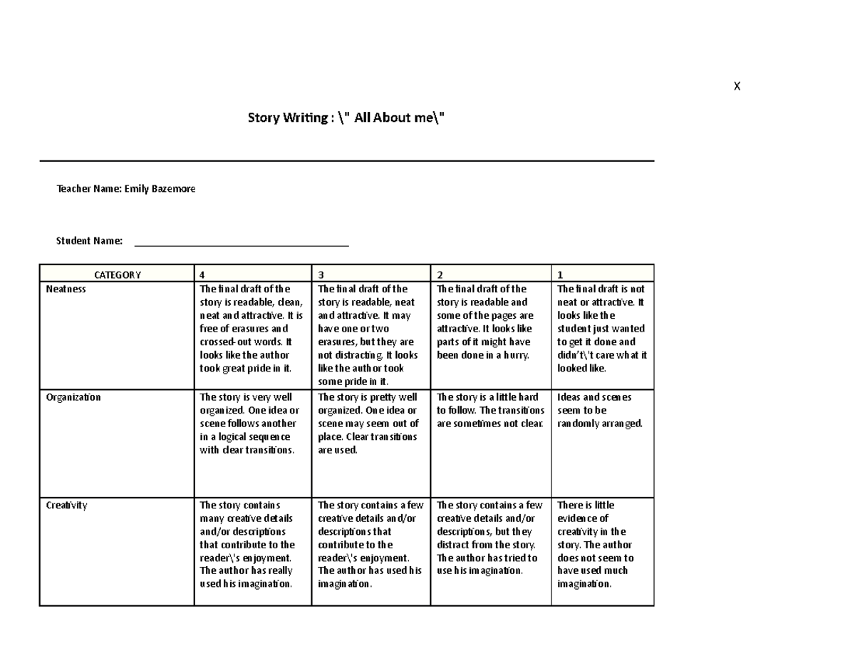 Story Writing rubic - X Story Writing : " All About me" Teacher Name ...