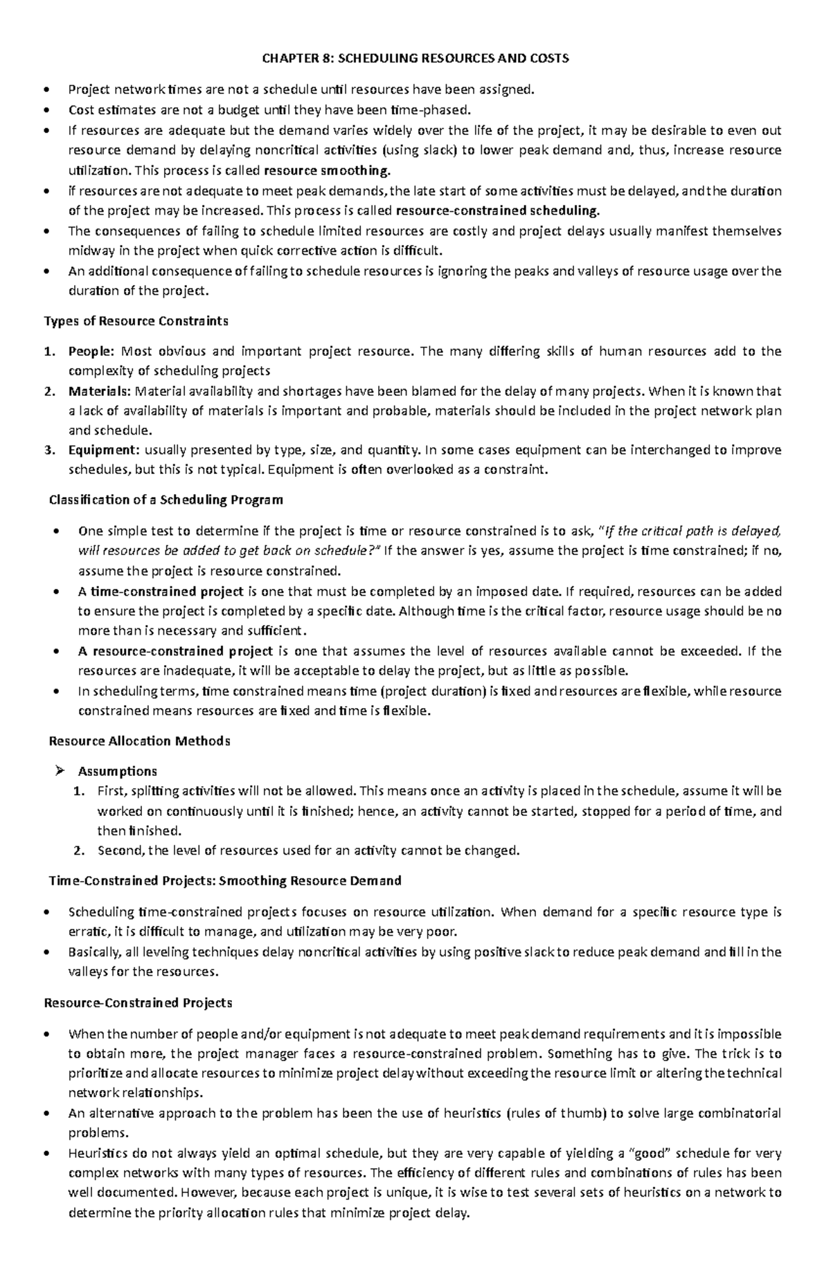 Chapter 8 Reviewer - Project Management - CHAPTER 8: SCHEDULING RESOURCES AND COSTS Project ...