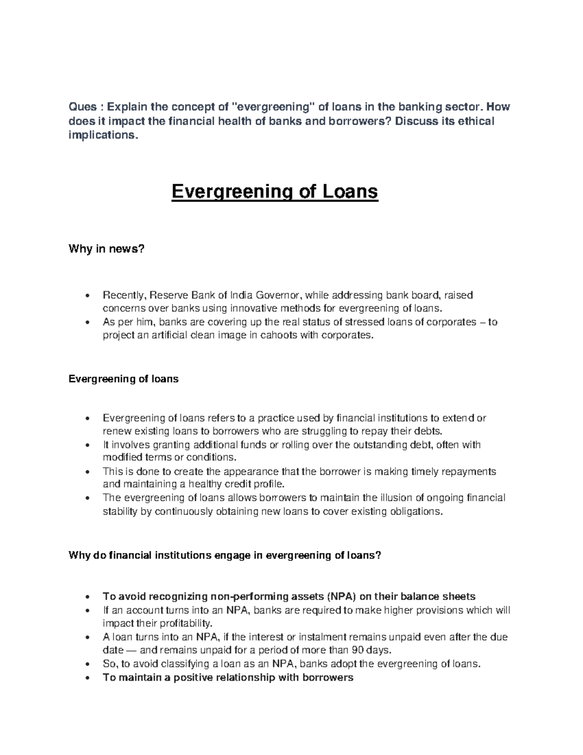 Evergreening of loans - Ques : Explain the concept of "evergreening" of ...