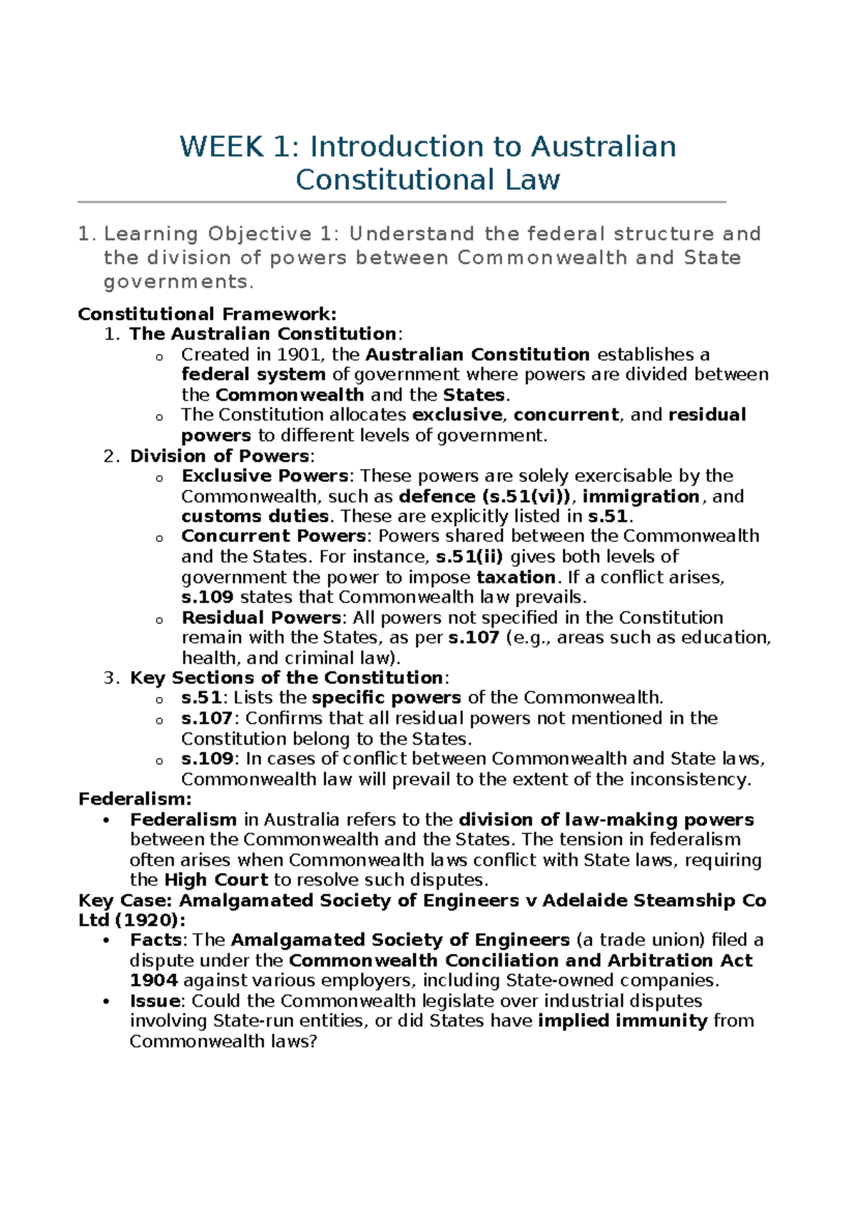 Constitutional Law Syllabus Notes - WEEK 1: Introduction to Australian ...