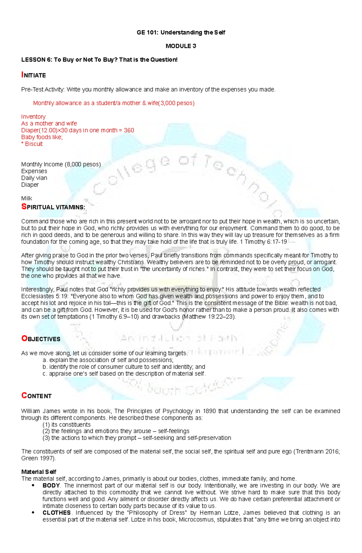 GE 101 Midterm Module - Answer - GE 101: Understanding the Self MODULE ...