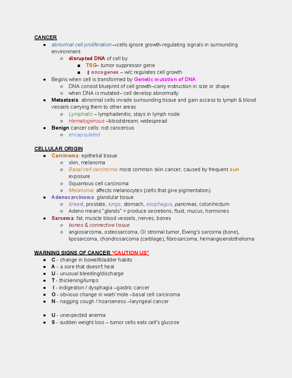 Chapter 12- Oncology - made by KQM - CANCER abnormal cell proliferation ...