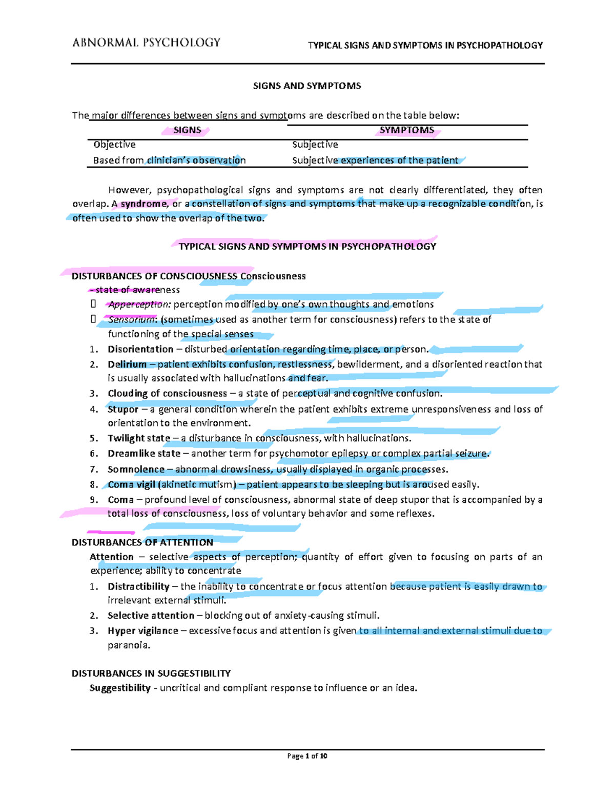 Abnormal Psychology Chapter 3 - SIGNS AND SYMPTOMS The major differences between signs and ...