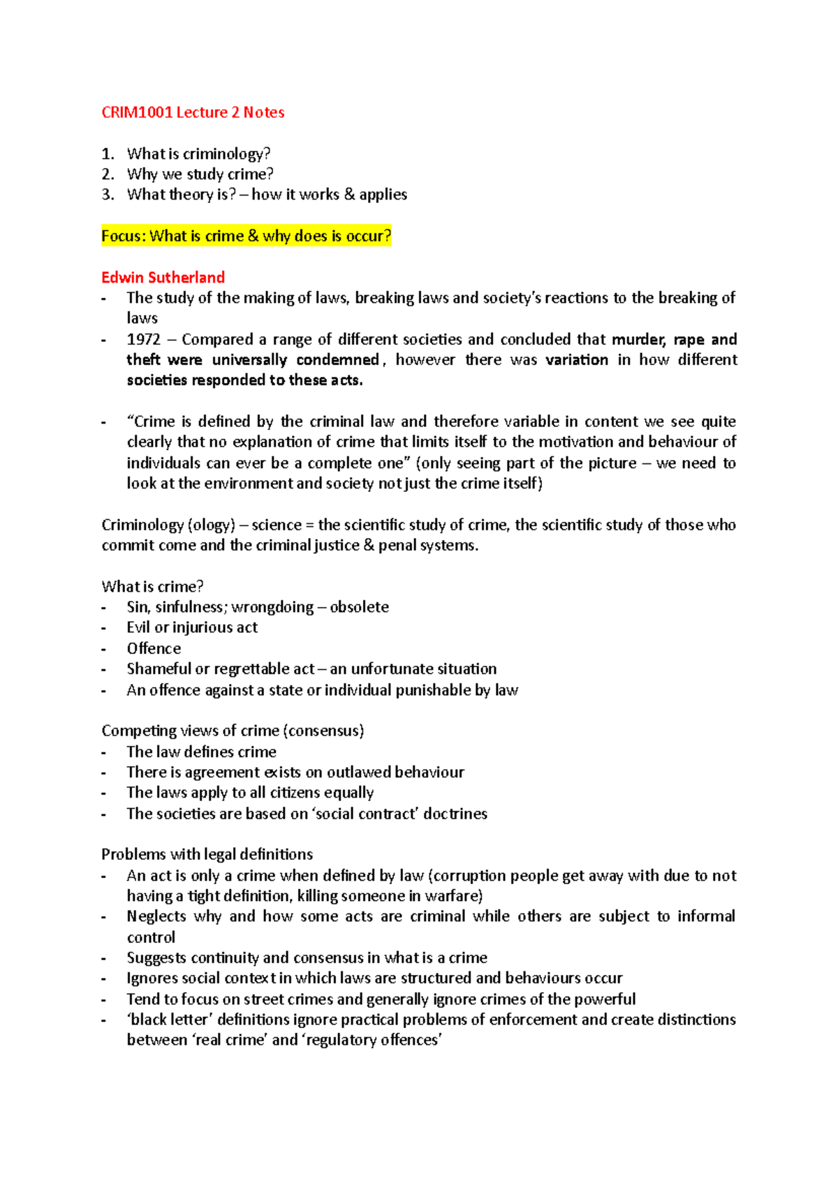 CRIM1001 Lecture Notes (WEEK 1) - CRIM1001 Lecture 2 Notes What is ...