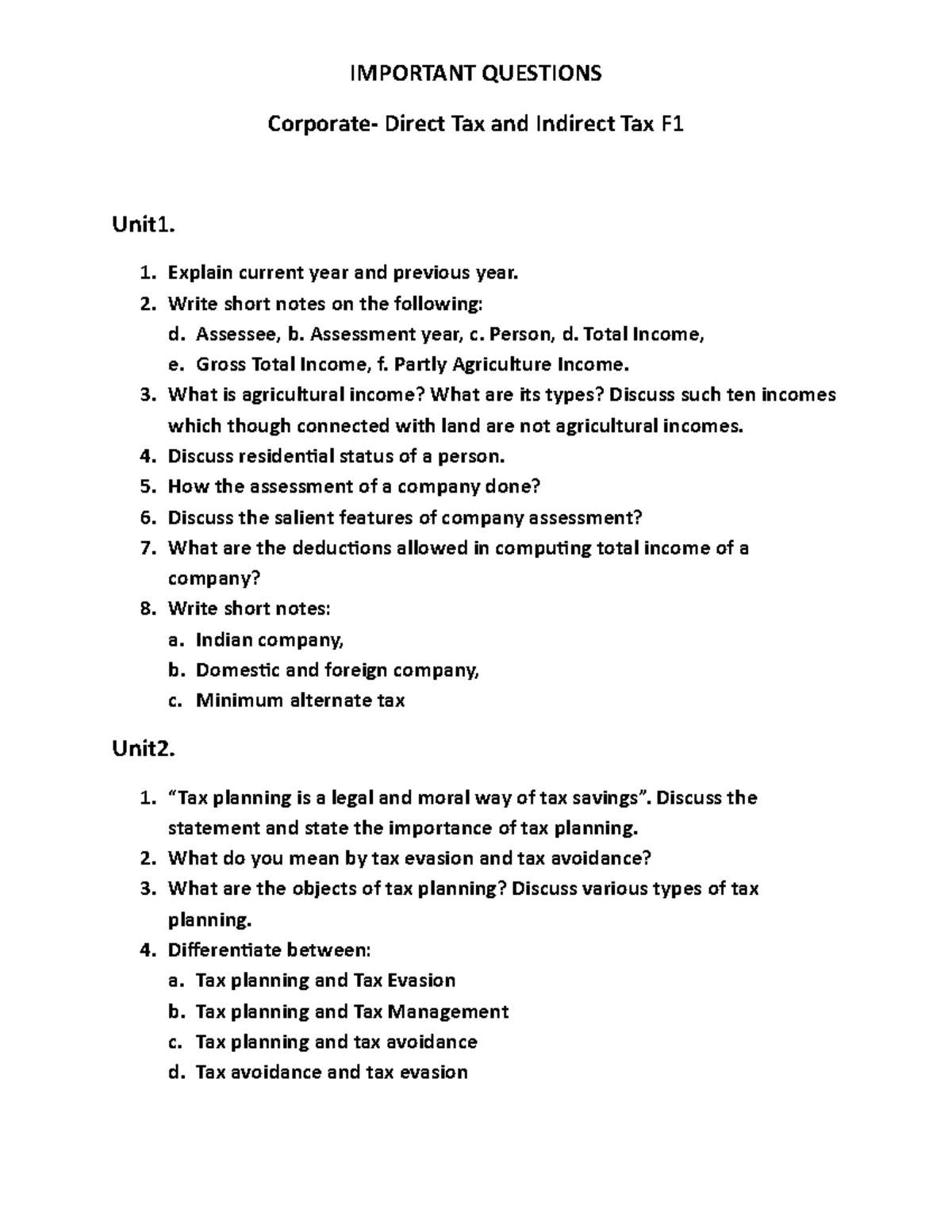 Important Questions F1 - IMPORTANT QUESTIONS Corporate- Direct Tax and ...