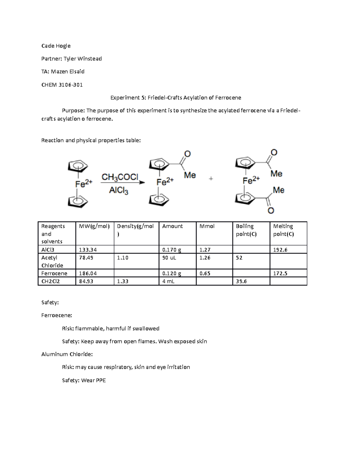 Ochem Experiment 5 pre and post lab - Copy - Cade Hogle Partner: Tyler ...