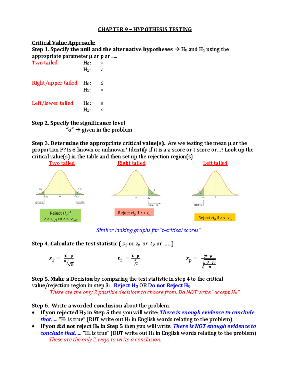 Ch09 Hypothesis Testing Steps Chapter 9 Hypothesis Testing Critical Value Approach Step 1