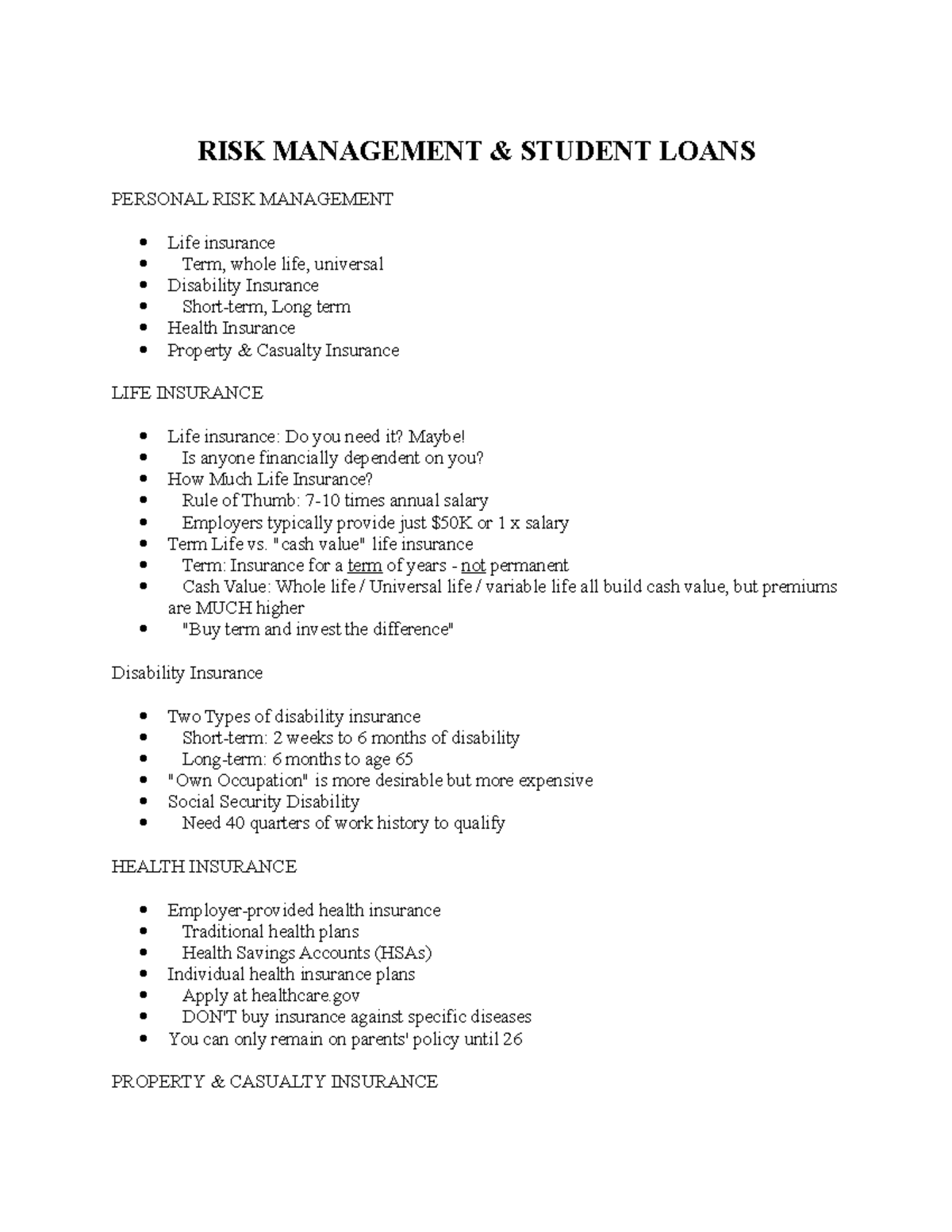 RISK Management - Lecture Notes from Professor Borden - RISK MANAGEMENT ...