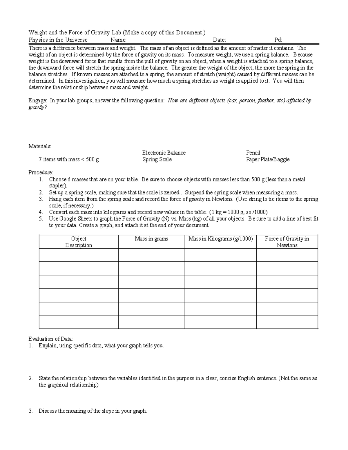 Weight and the Force of Gravity Lab - ) Physics in the Universe Name ...