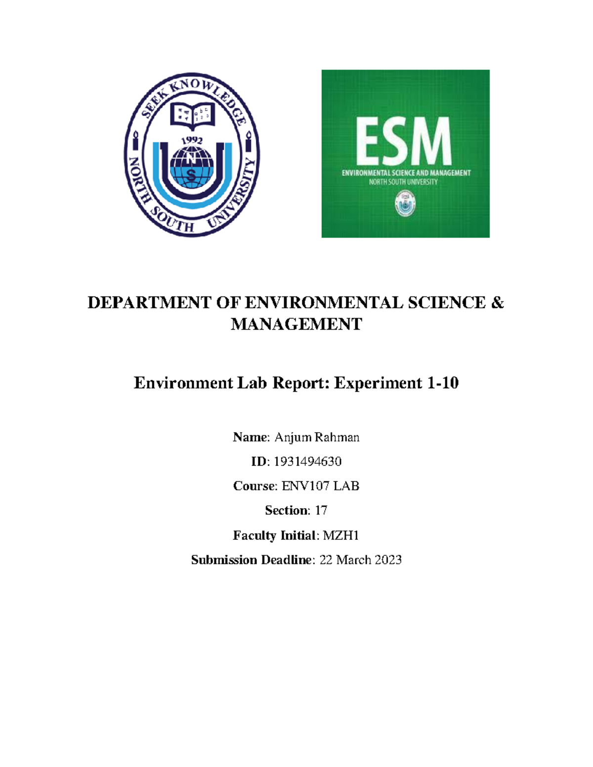 Env107l-final-report Taseen 23 - DEPARTMENT OF ENVIRONMENTAL SCIENCE ...