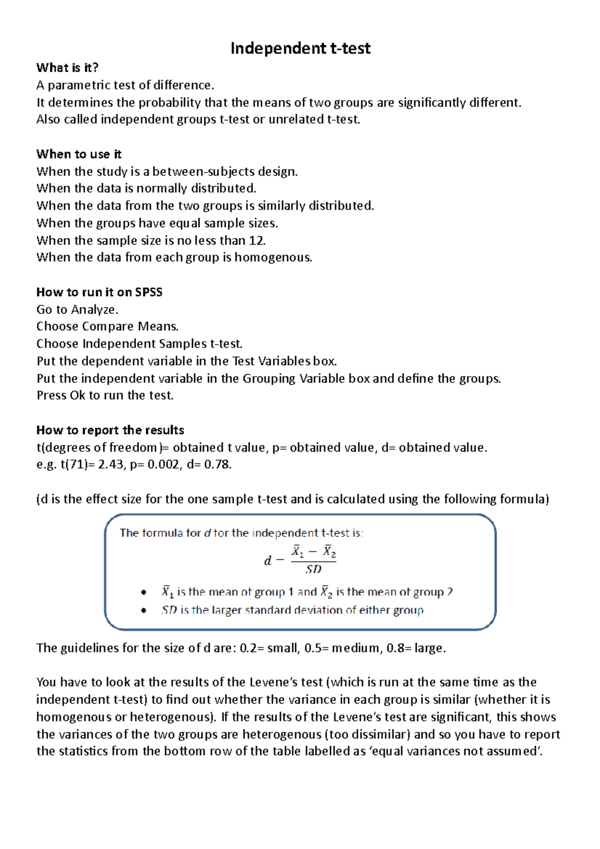 Independent t-test - Independent t-test What is it? A parametric test ...
