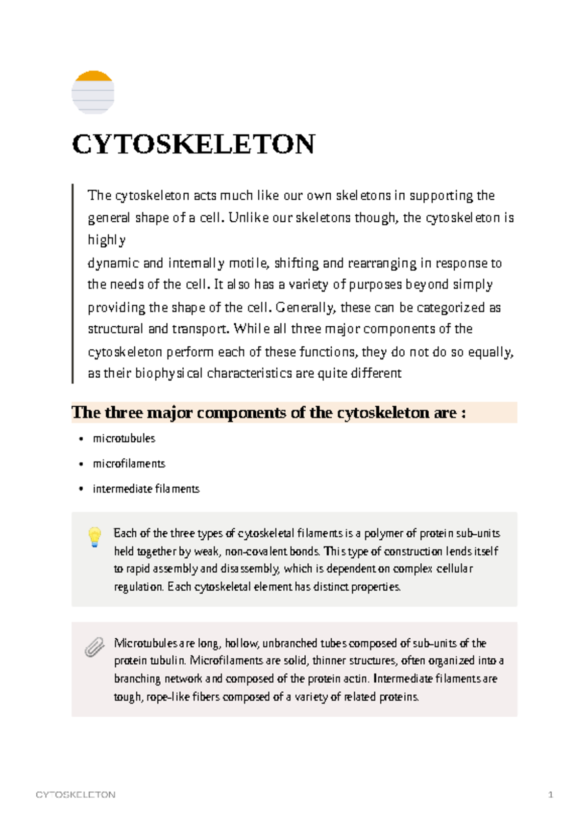 Cytoskeleton - Lecture notes Semester II - CYTOSKELETON The ...