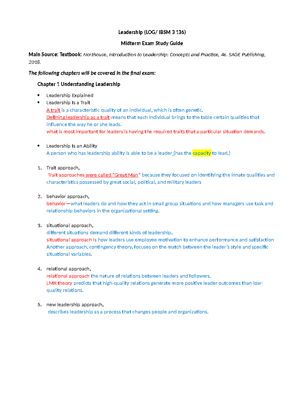 Leadership Midterm Exam Study Guide - Leadership (LOG/ IBSM 3 136 ...