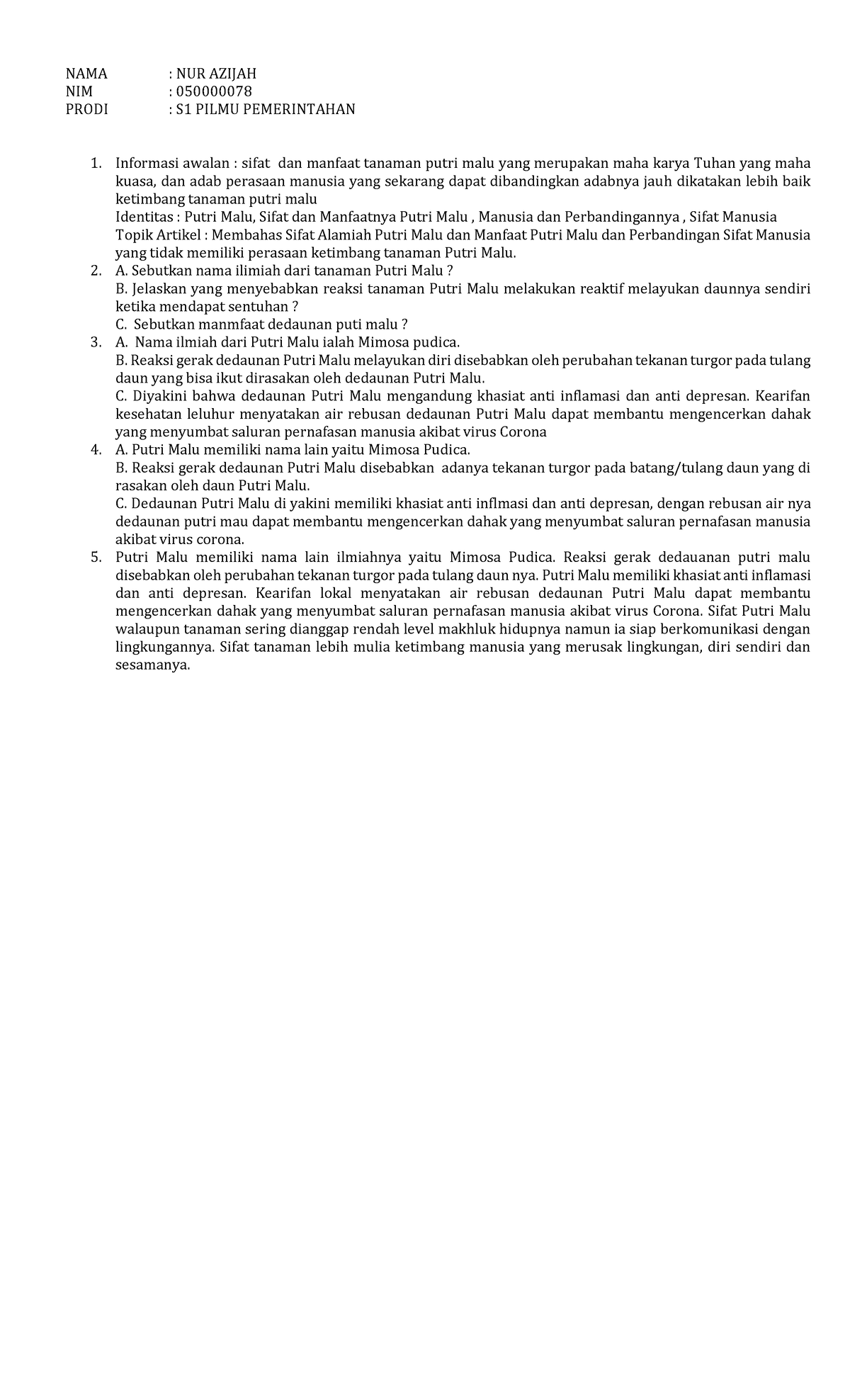 Tugas 1 NUR Azijah S1 ILMU Pemerintahan - NAMA : NUR AZIJAH NIM : 050000078 PRODI : S1 PILMU ...