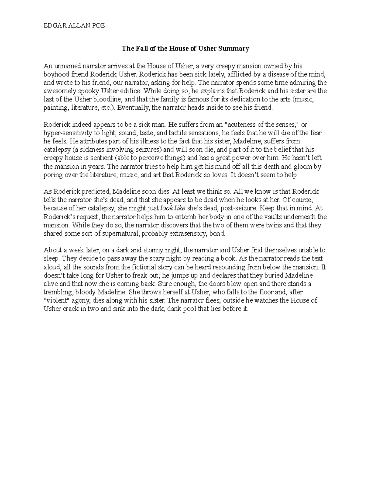 The Fall of the House of Usher Summary - Roderick has been sick lately ...