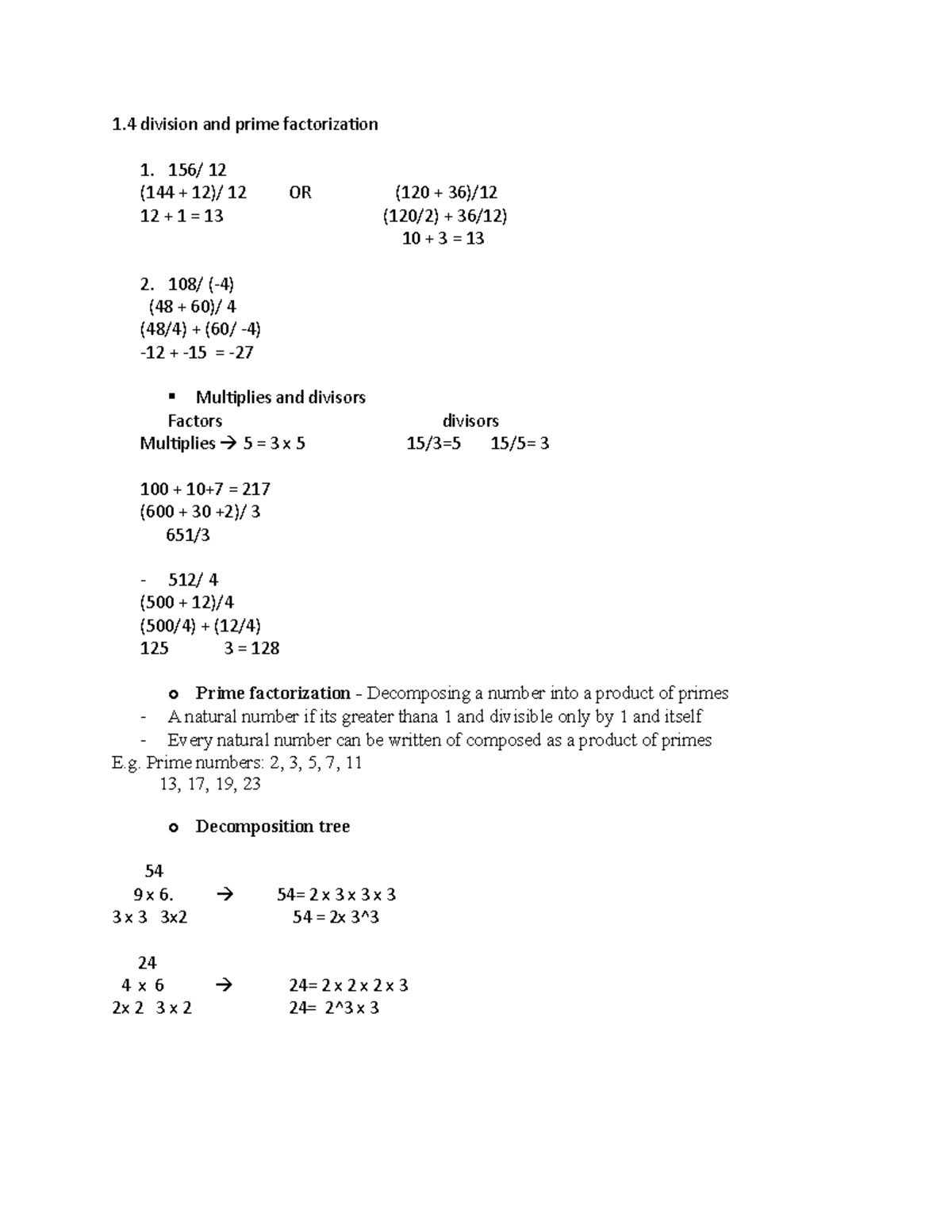 1.4 Division: prime factor math notes - 1 division and prime ...