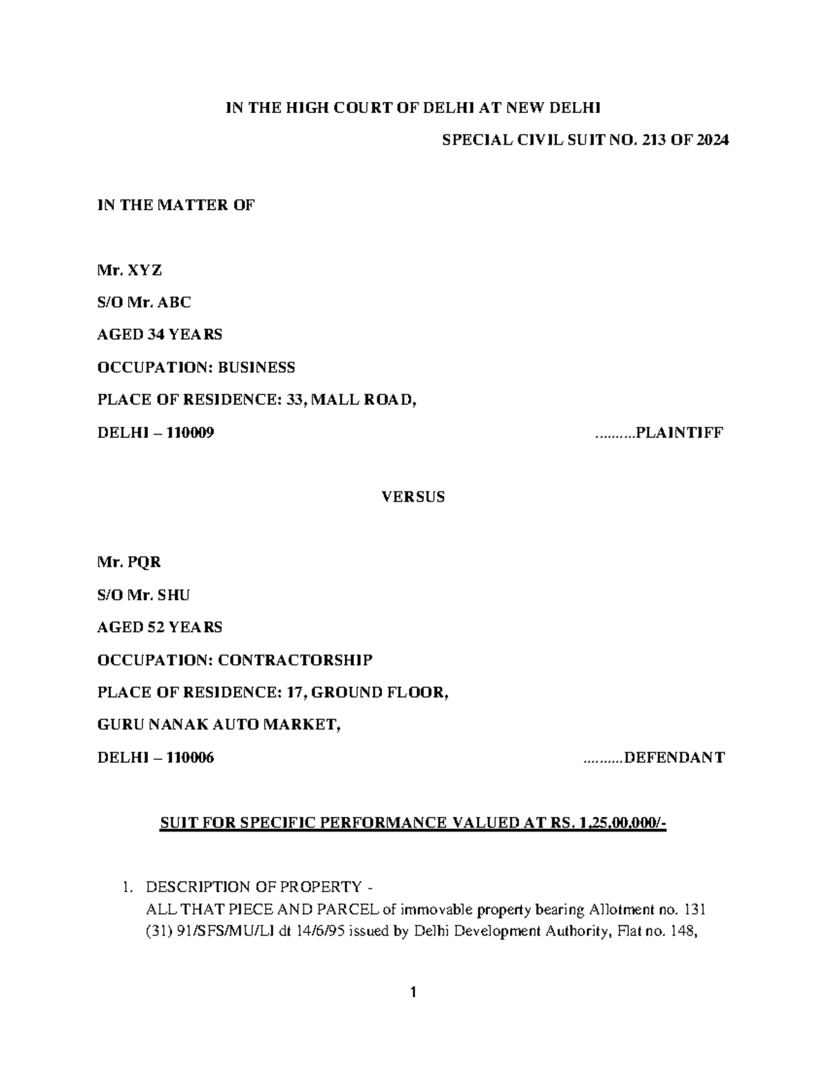 DPC - Plaint for specific performance of contract - IN THE HIGH COURT OF DELHI AT NEW DELHI ...