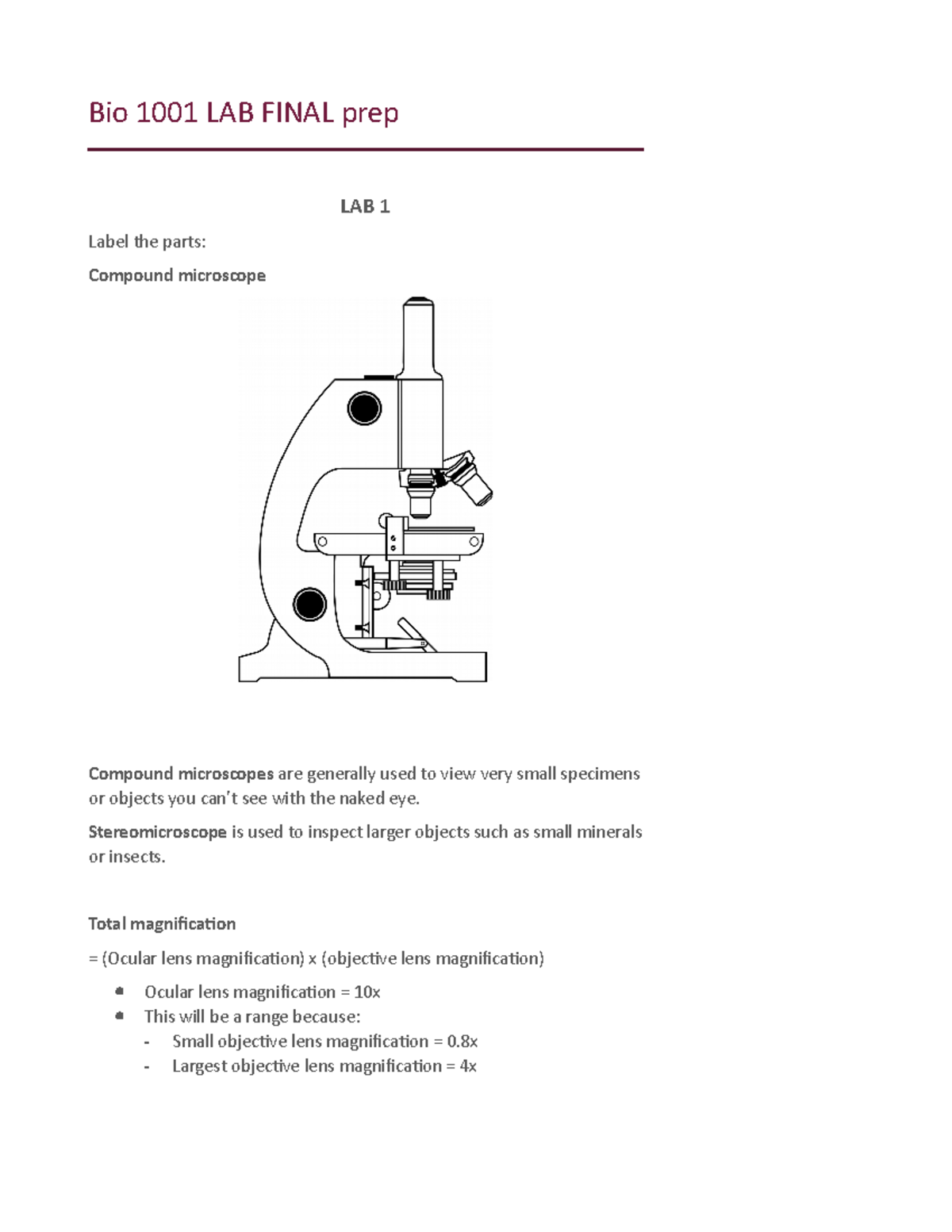 Bio 1001 LAB Final prep - Bio 1001 LAB FINAL prep LAB 1 Label the parts ...