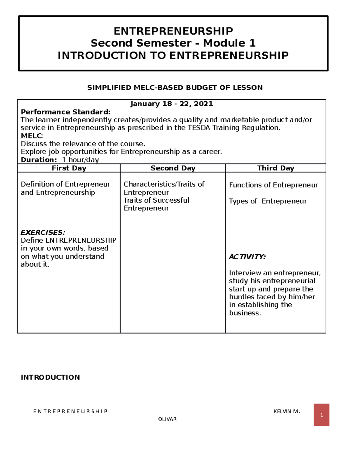 Entrepreneurship Module 1 SIMPLIFIED MELC BASED BUDGET OF LESSON