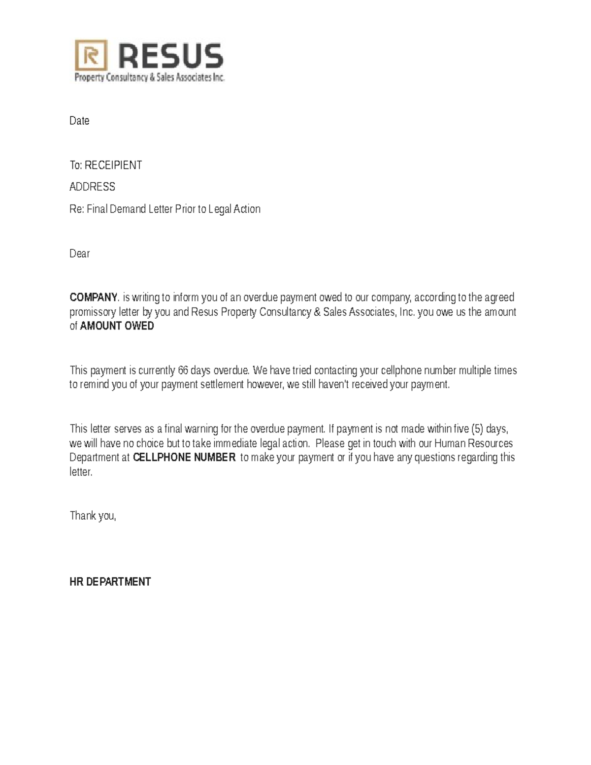 Final Demand Letter Prior to Legal Action - Date To: RECEIPIENT ADDRESS ...