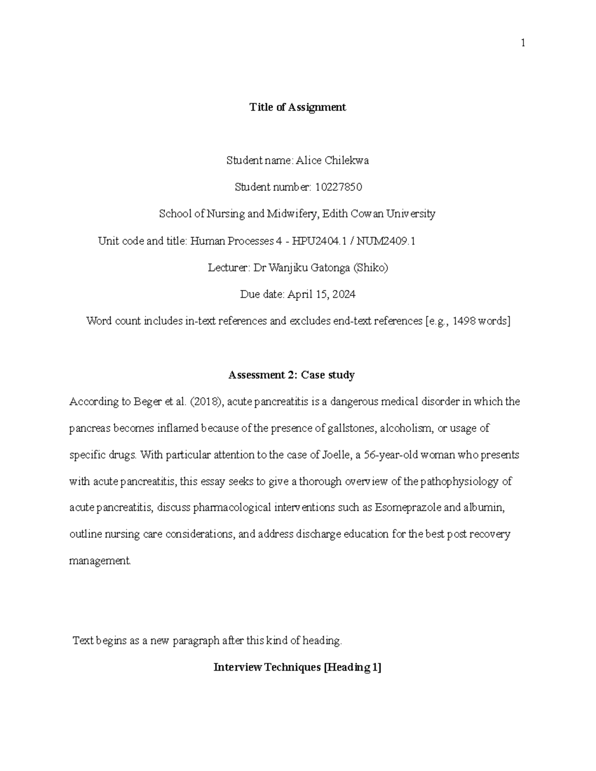 SNM Assignment Template APA7 2022-1 - Title of Assignment Student name: Alice Chilekwa Student ...