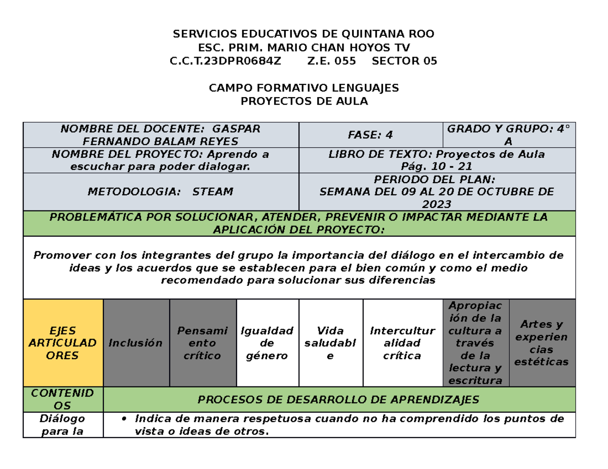 4° A Proyecto 1 Aprendo A Escuchar PARA Poder Dialogar - SERVICIOS EDUCATIVOS DE QUINTANA ROO ...