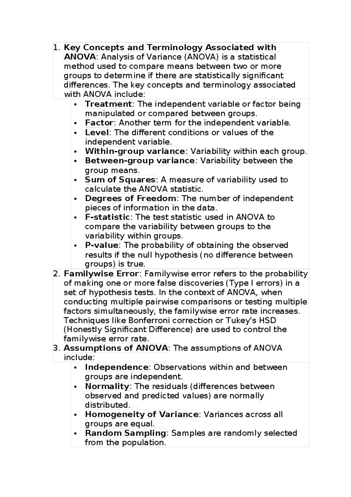 ILOs from Quant lectures - 1. Key Concepts and Terminology Associated with ANOVA: Analysis of ...