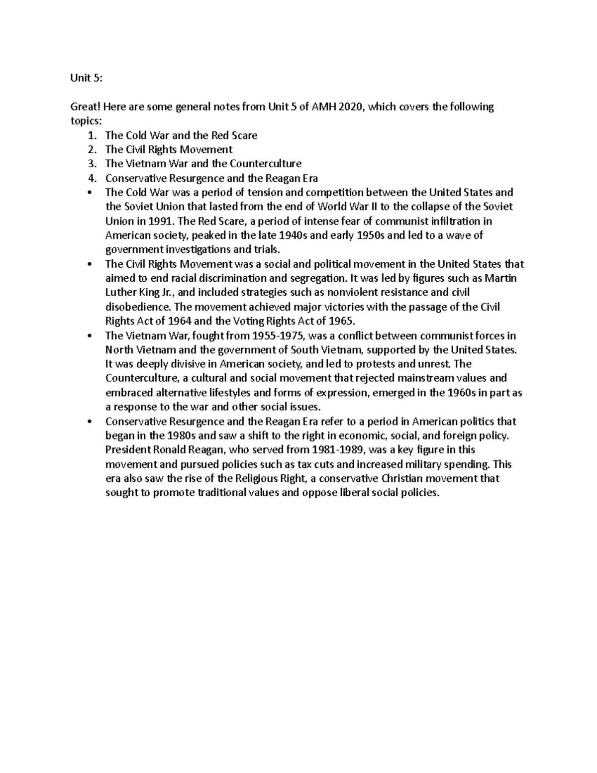 Unit 5 Notes AMH - Unit 5: Great! Here are some general notes from Unit ...