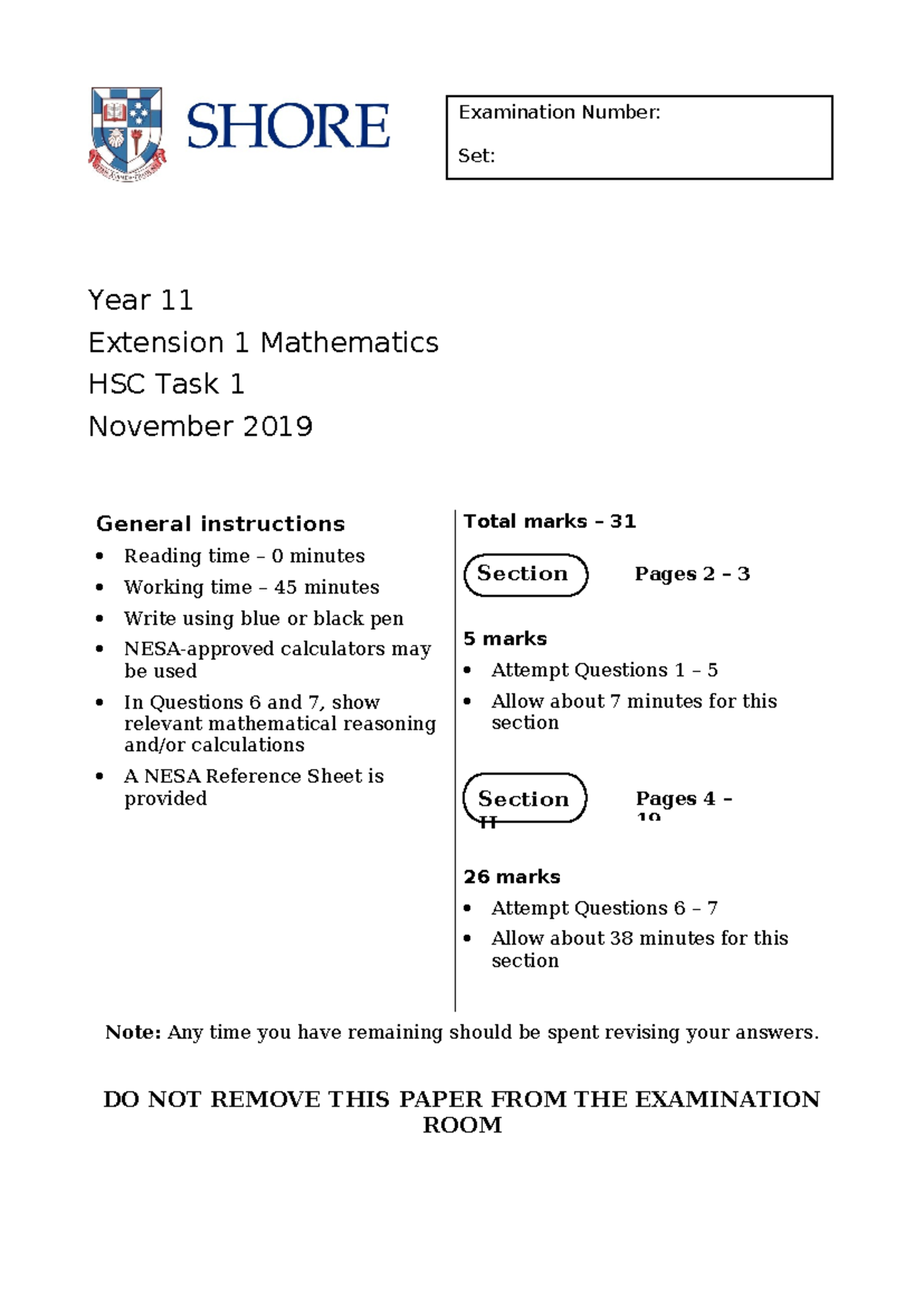 2019 Ext 1 HSC Task 1 Modified - Year 11 Extension 1 Mathematics HSC ...