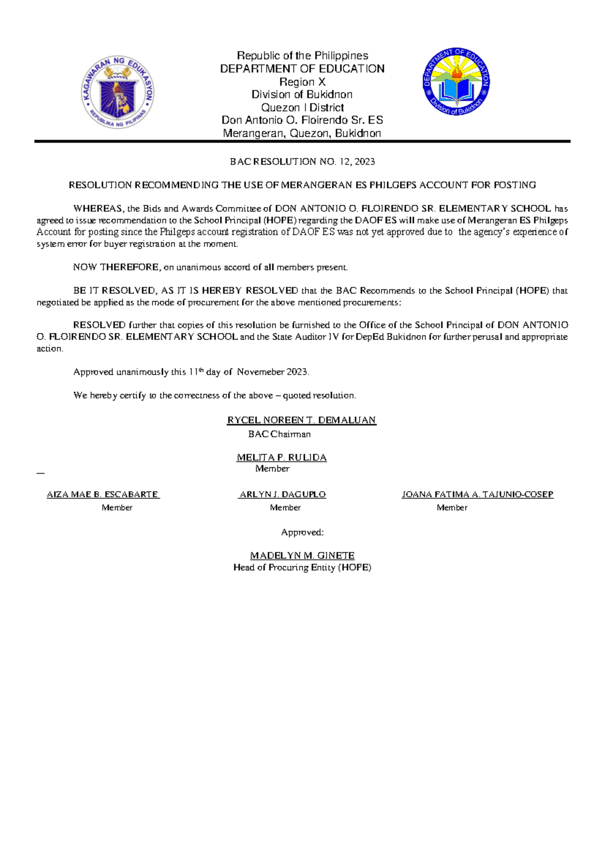 BAC-reso - For Liquidation matters - Republic of the Philippines ...