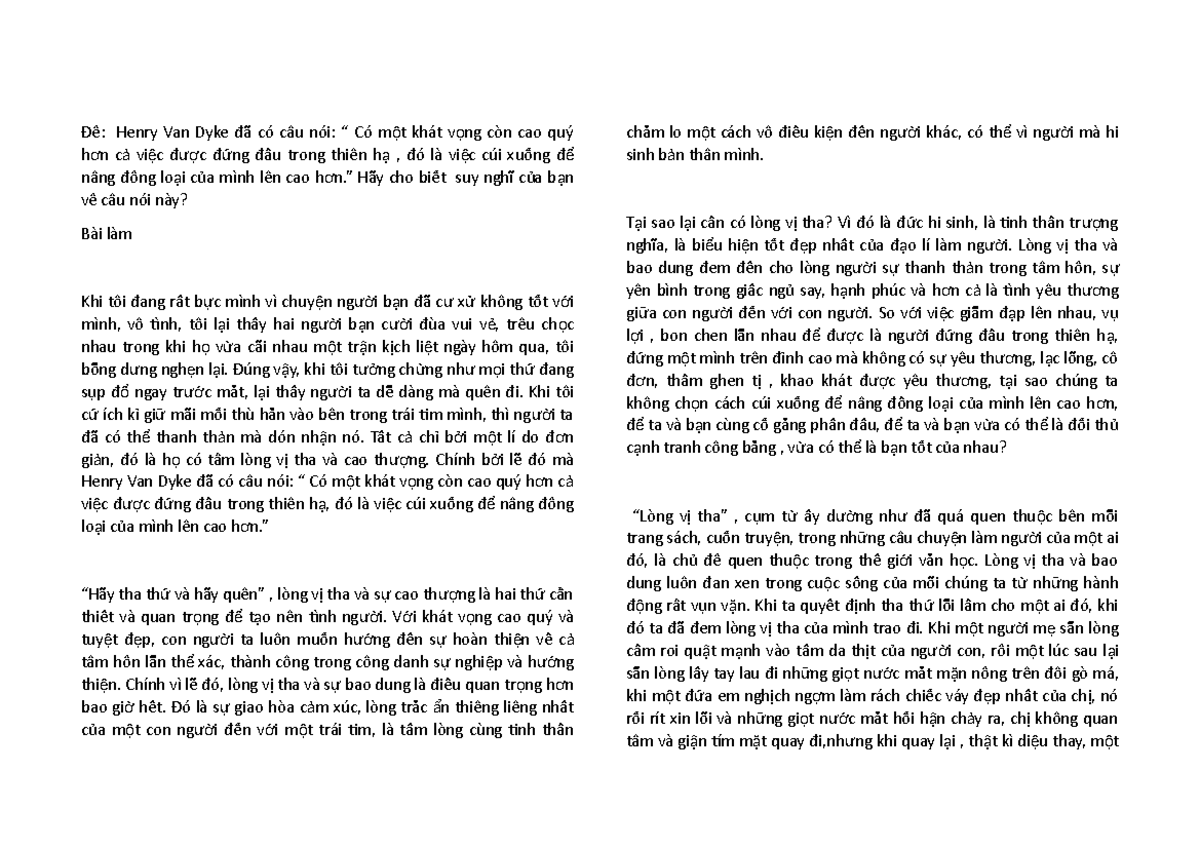 NLXH 2 - No - Đềề: Henry Van Dyke đã có câu nói: “ Có m t khát v ng còn ộọ cao quý h n c vi c đ ...