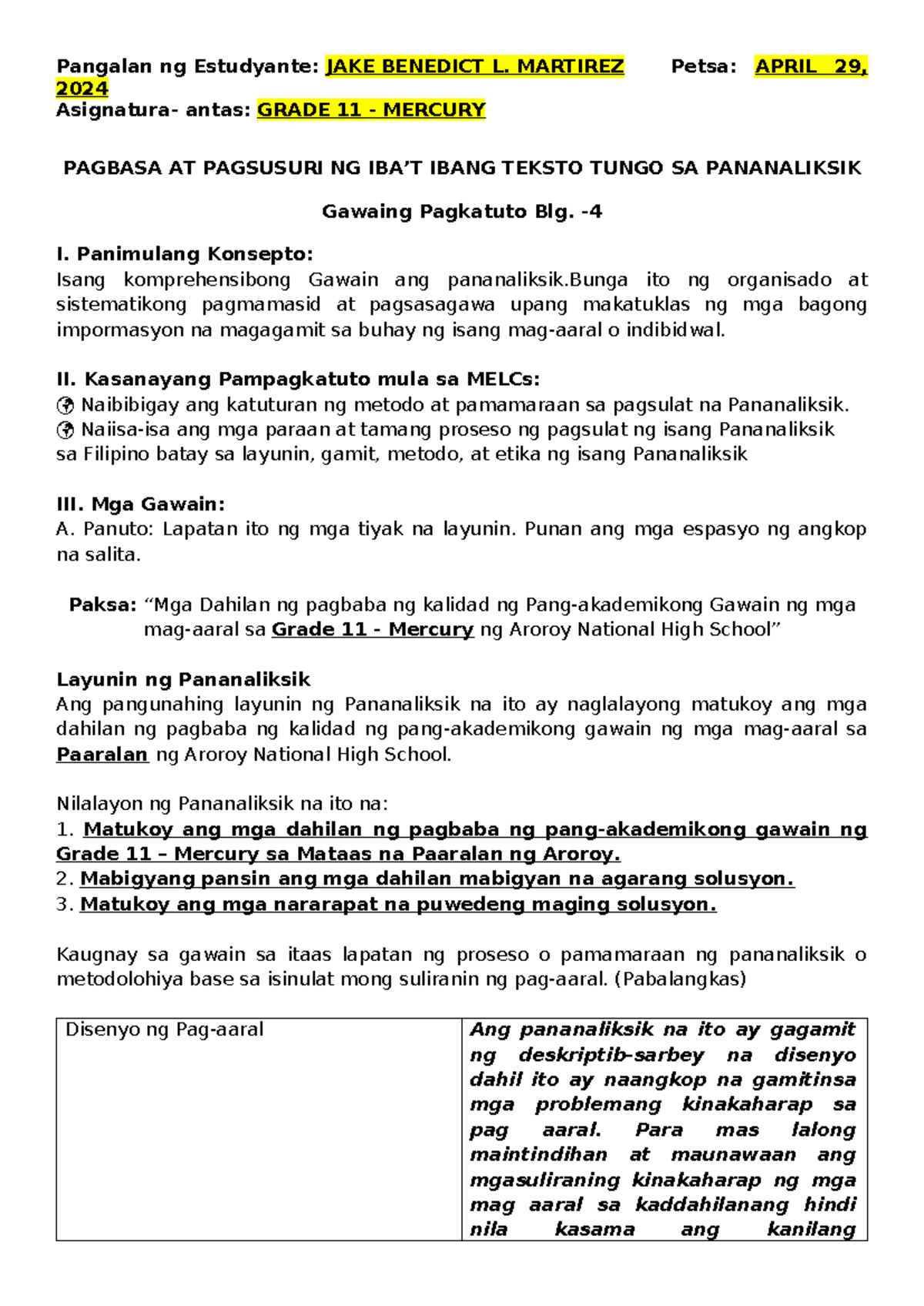 Pagbasa AT Pagsusuri NG IBA’T Ibang Teksto - Pangalan ng Estudyante ...