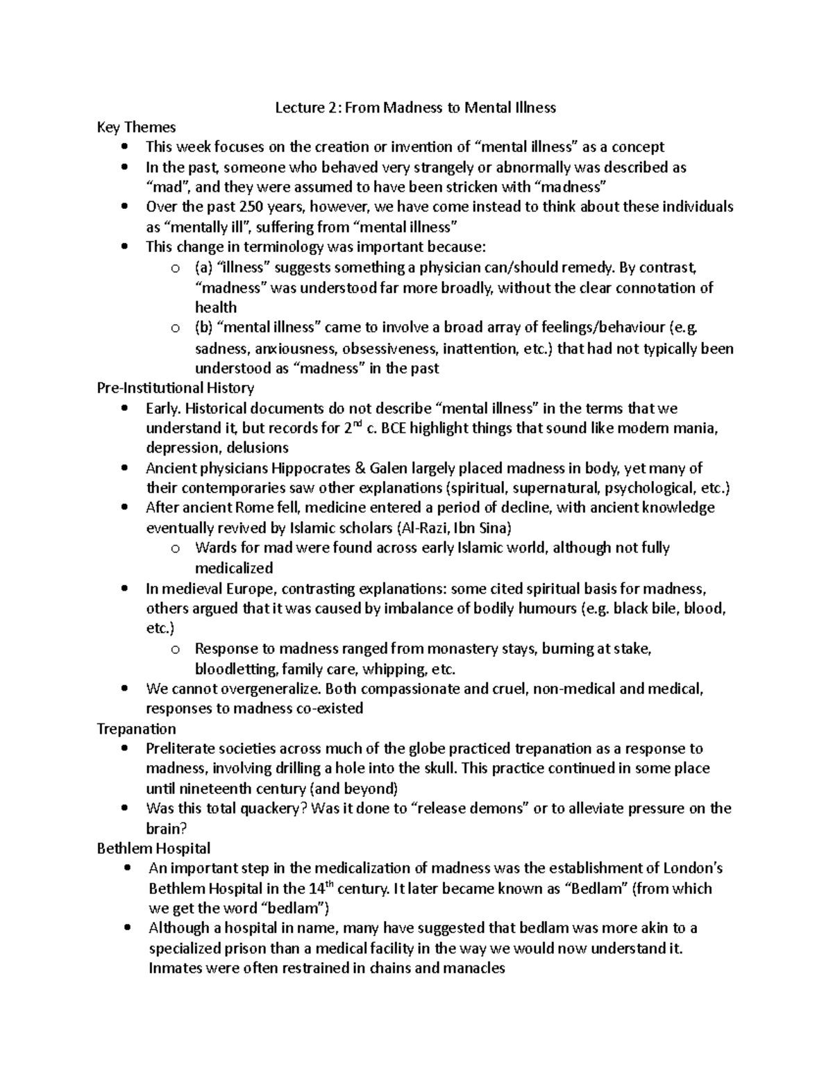 Hlthage 2GG3 Lecture 2 - Lecture 2: From Madness to Mental Illness Key Themes This week focuses ...