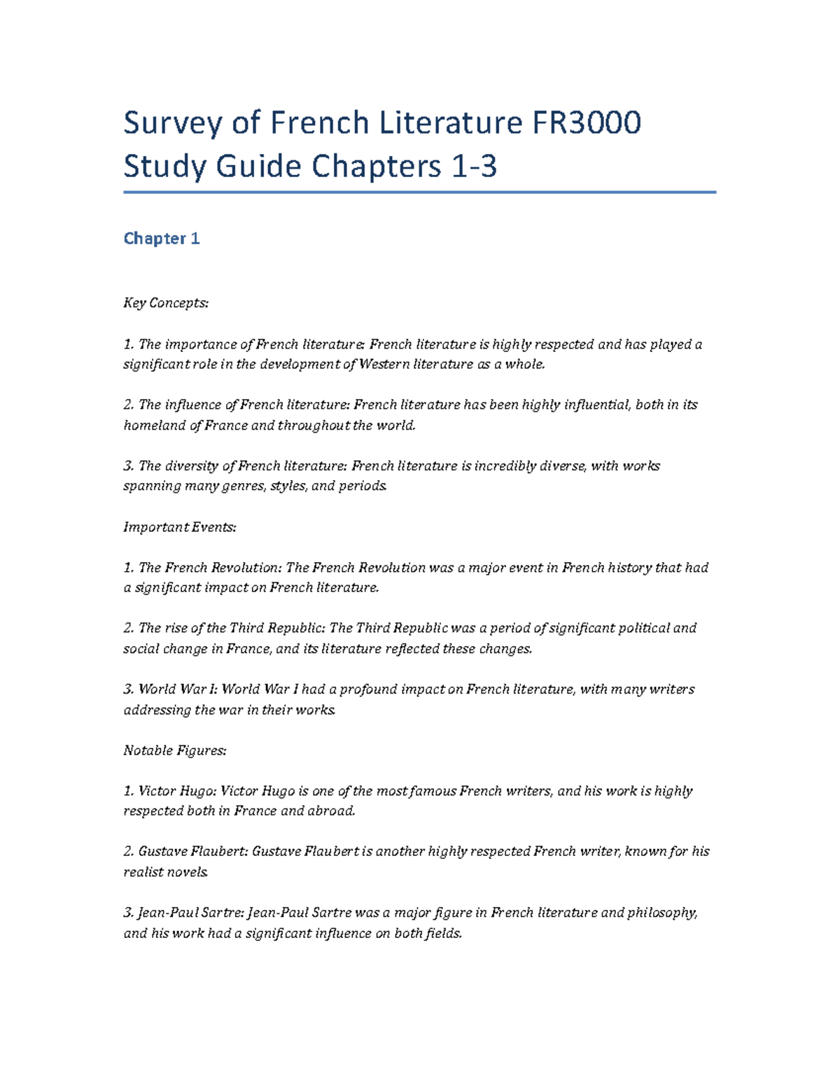 Survey of French Literature FR3000 Study Guide Chapters 1-3 - Survey of ...