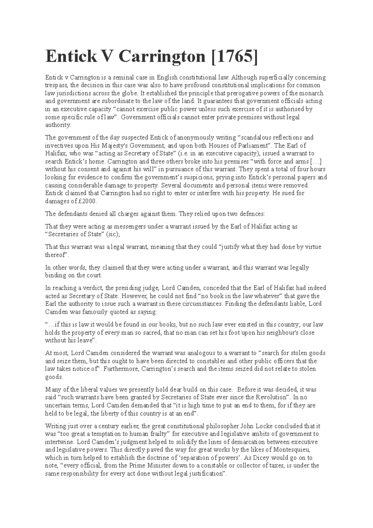 Entick V Carrington [1765] (Rule of Law) - Entick V Carrington [1765 ...
