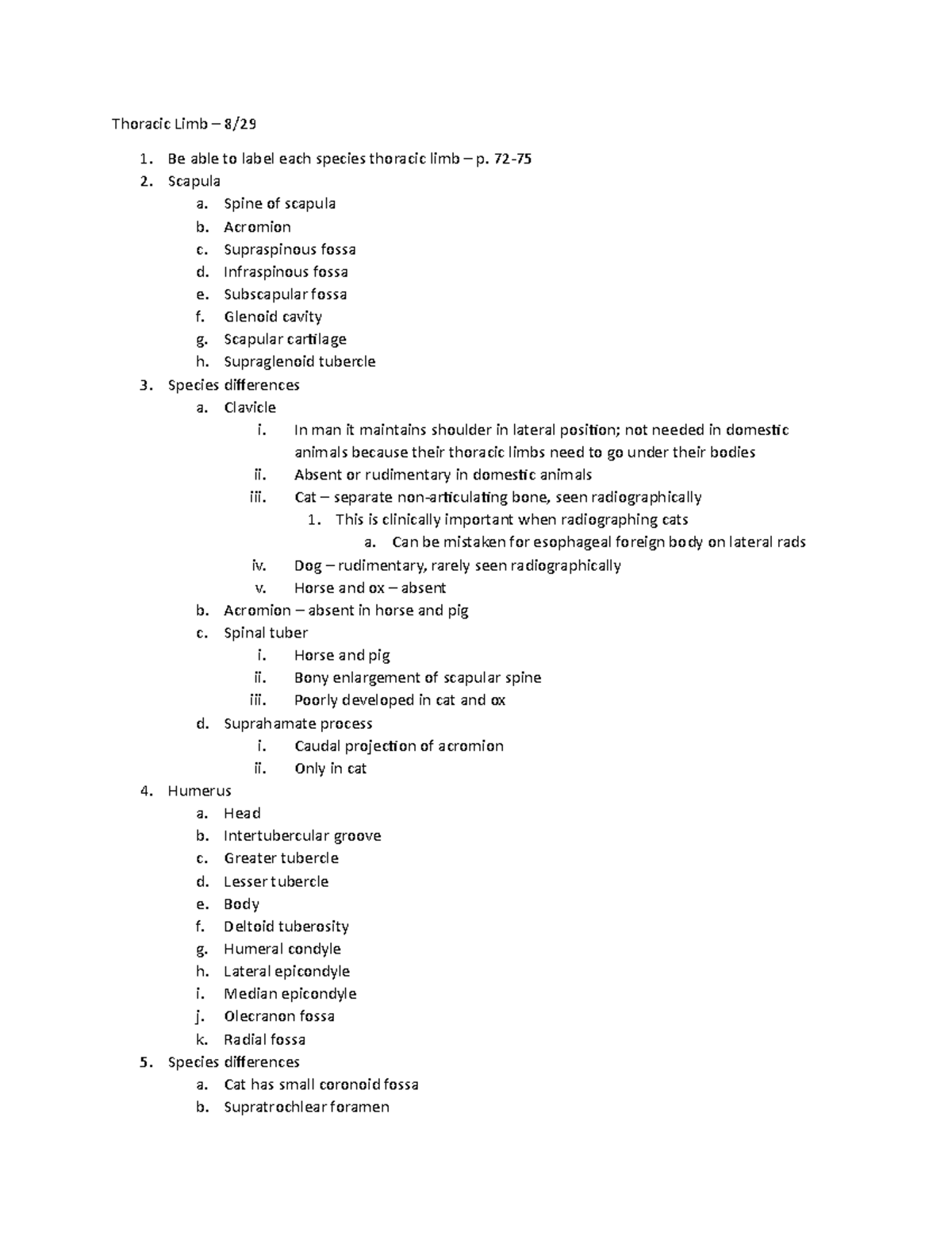 AGR 511 Thoracic Limb Handout - Thoracic Limb – 8/ Be able to label ...
