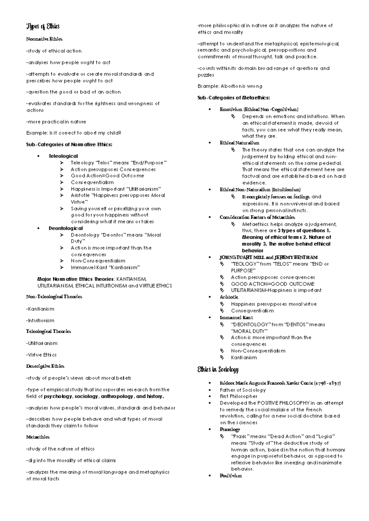 Ethics- Transes - Notes - Types of Ethics Normative Ethics study of ...