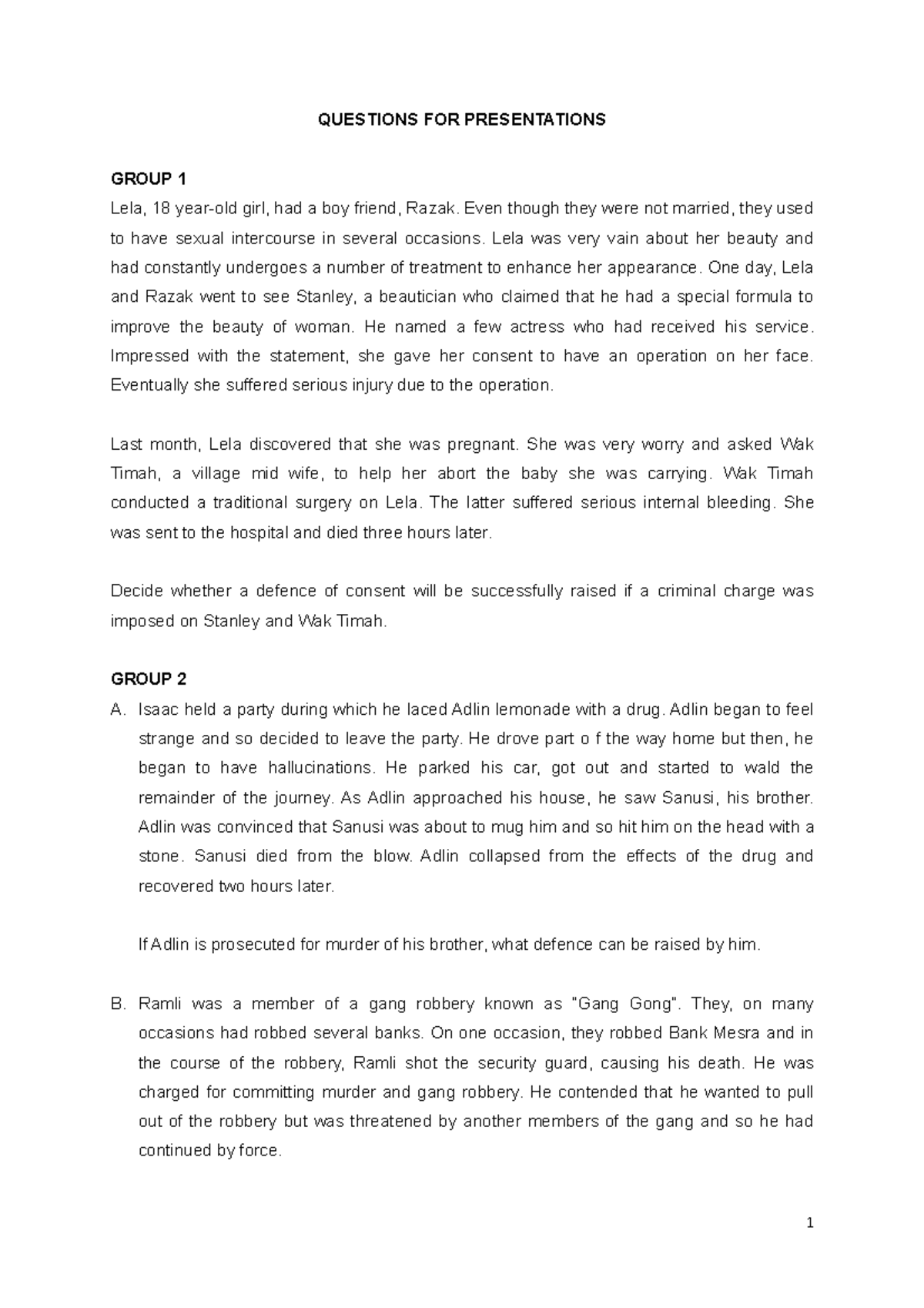PBQ for Criminal Law - QUESTIONS FOR PRESENTATIONS GROUP 1 Lela, 18 ...