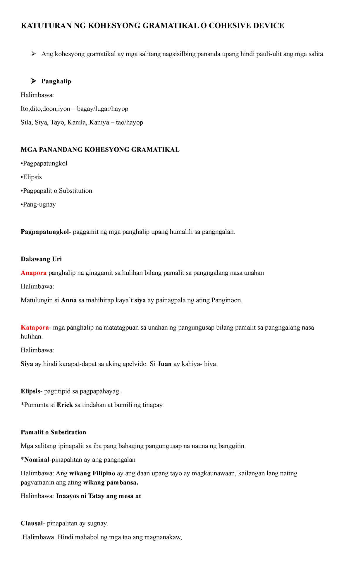 Pagbasa - KATUTURAN NG KOHESYONG GRAMATIKAL O COHESIVE DEVICE Ang ...