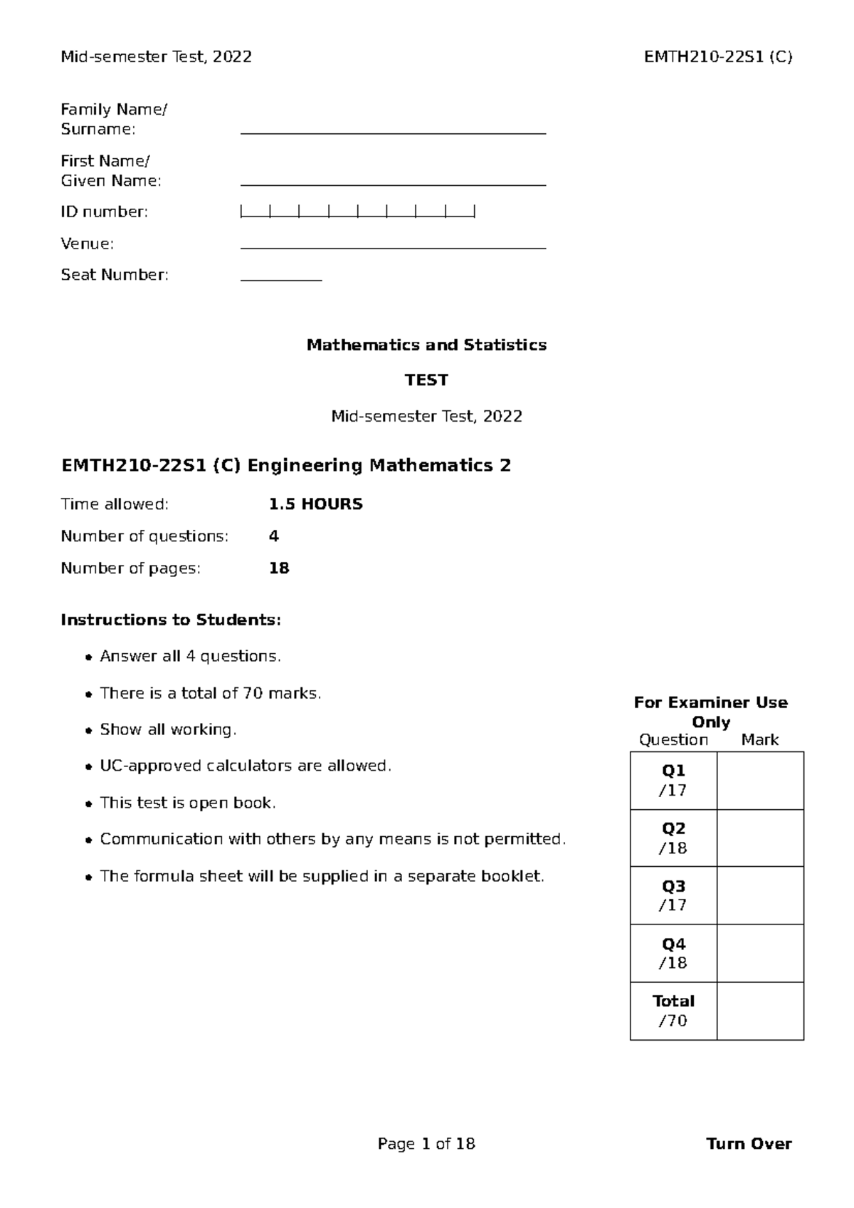 EMTH210-22S1 Test - mid sem test from 2022 - Family Name/ Surname ...