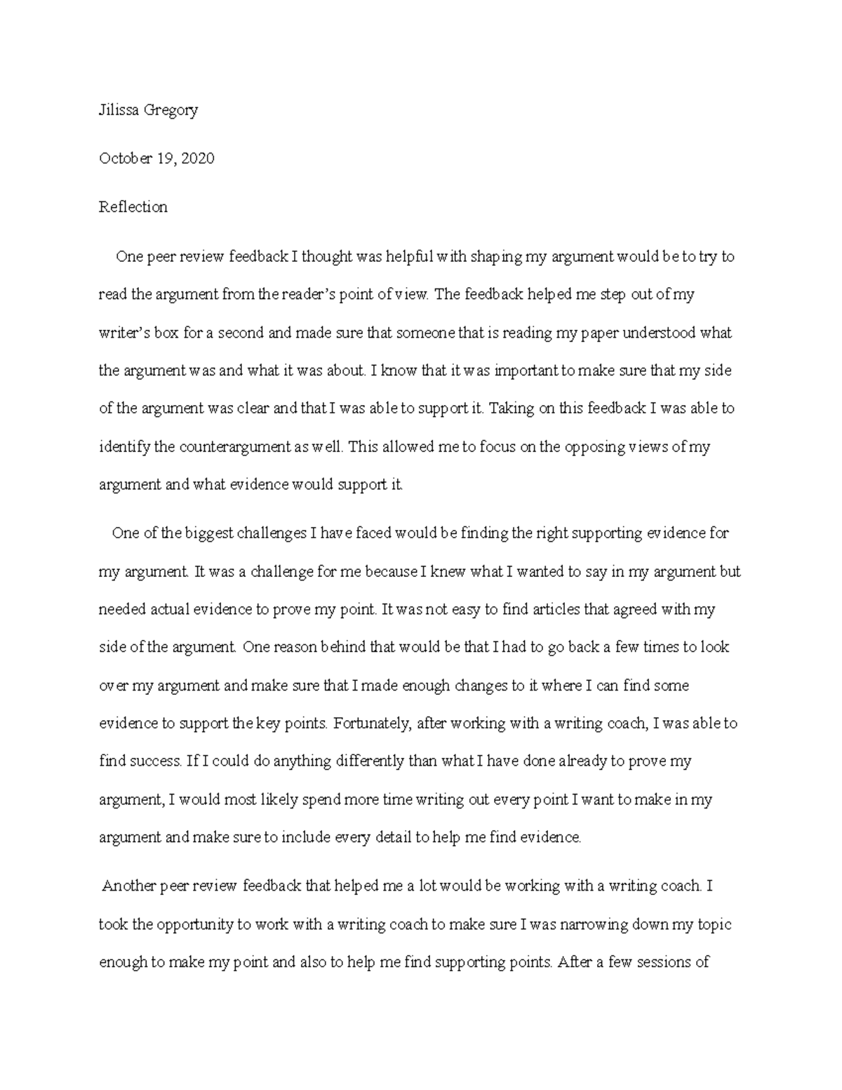 ENG 123 Reflection Paper Example - Jilissa Gregory October 19, 2020 ...